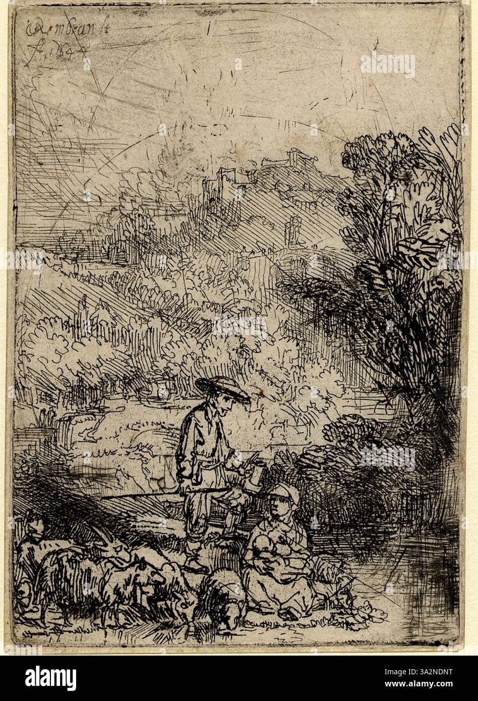 Rembrandt's etching uses contrast between light and dark to depict a ...