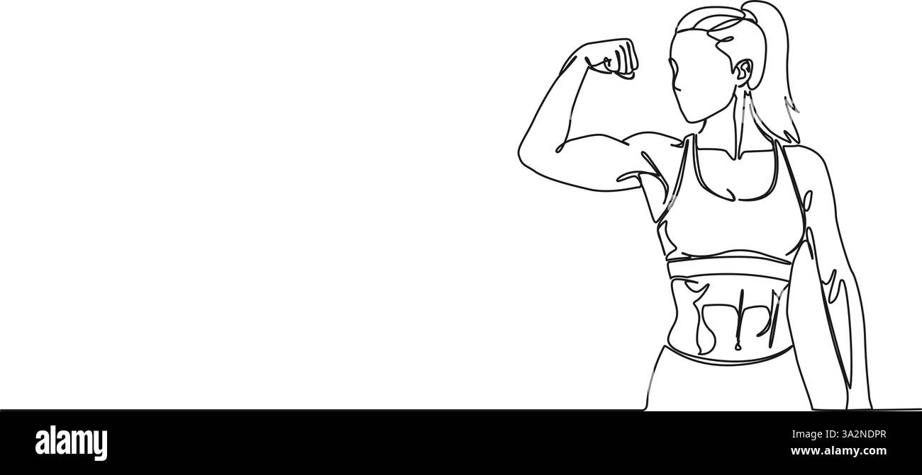 continuous single line drawing of fit woman flexing arm muscles, line ...
