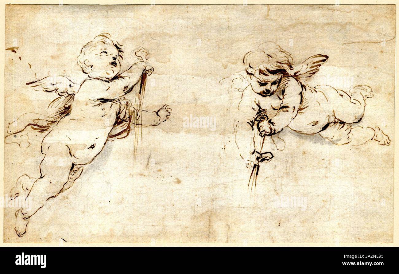 This artwork shows two putti (cherubic figures) in flight, one looking ...
