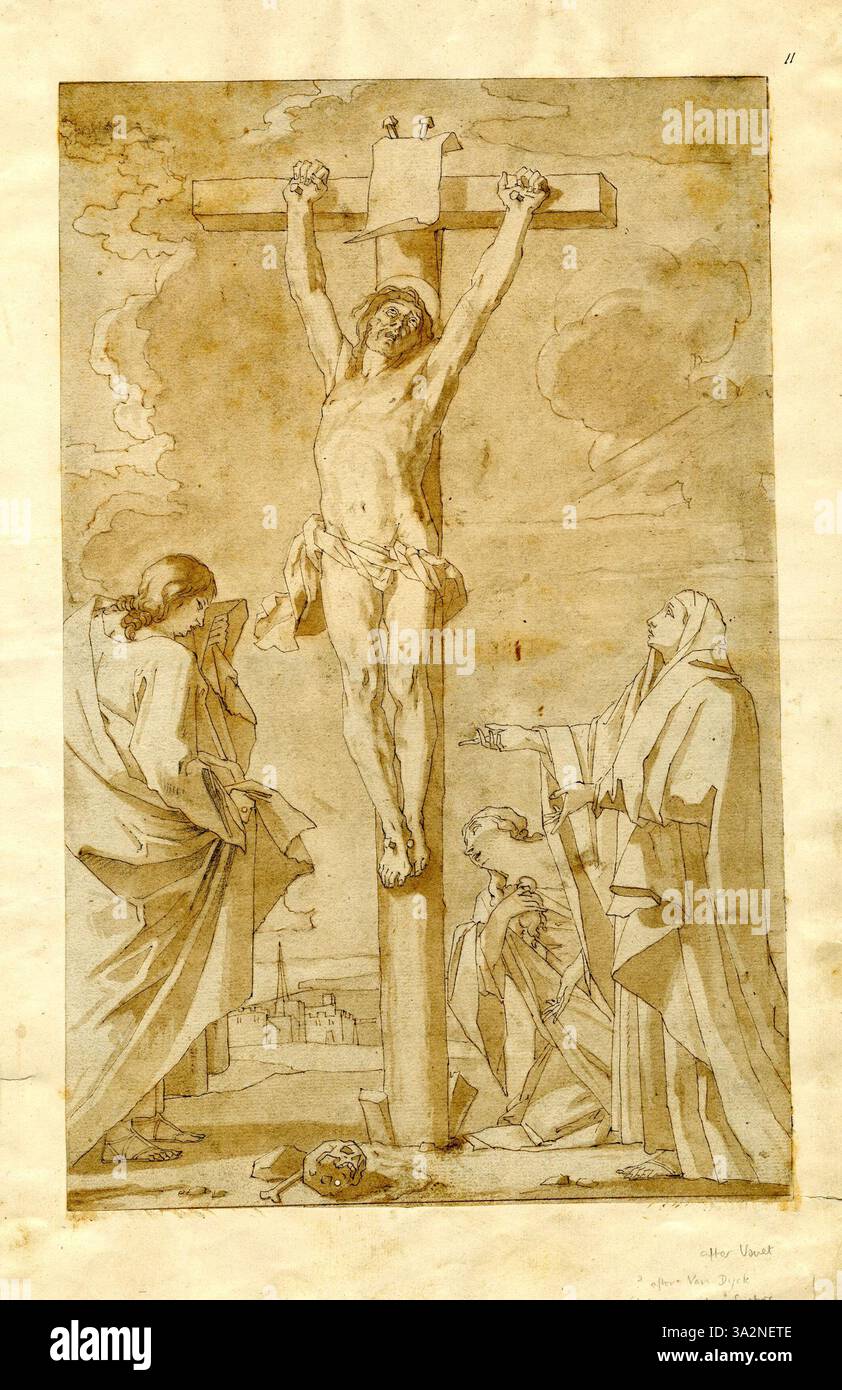This painting after Vouet shows Christ on the cross, with the two ...