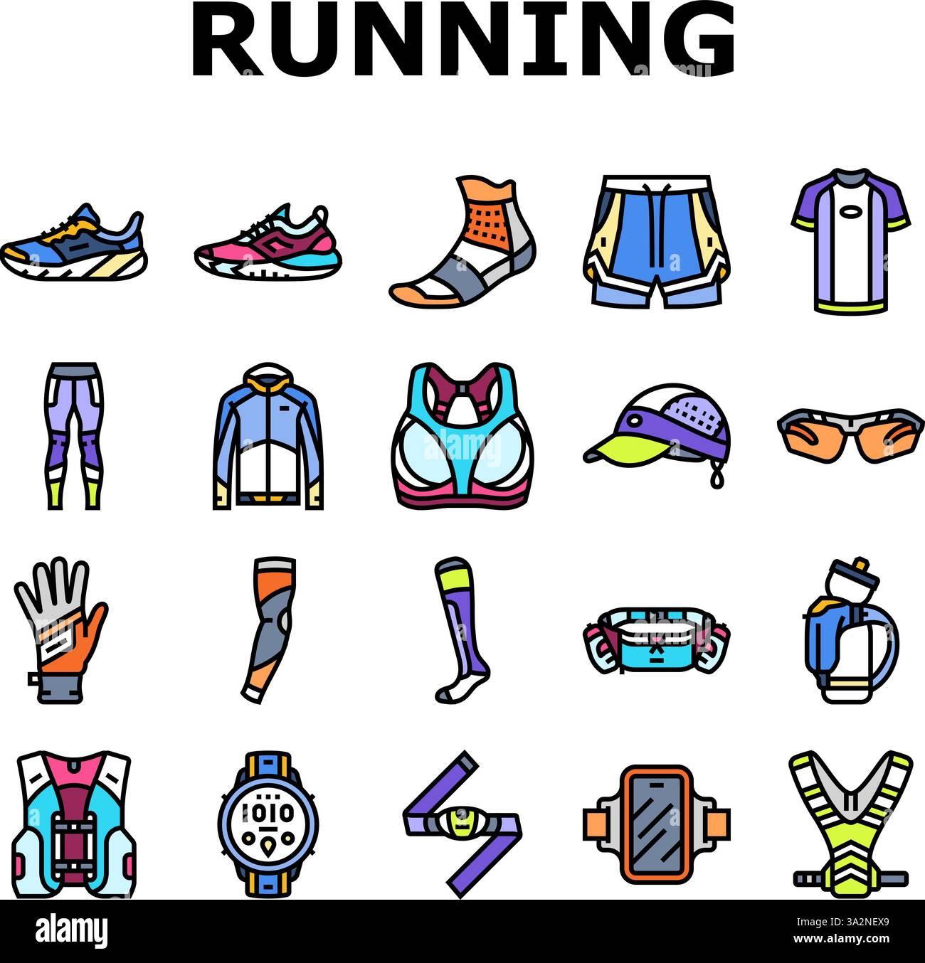 running accessories shoes watch icons set vector Stock Vector Image ...