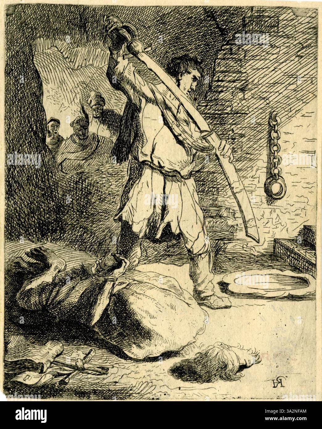 An etching created in the style of Rembrandt, featuring dramatic use of ...