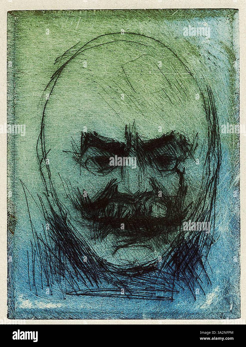 This portrait by Munch captures a bald man with a solemn expression ...