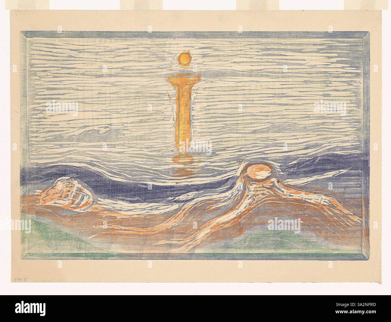 'Mystical Shore' by Edvard Munch depicts a desolate shoreline, with dark colors evoking a sense ...