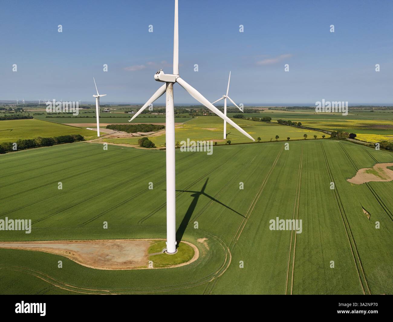 aerial view of Lissett Airfield wind farm. industrial wind turbines ...