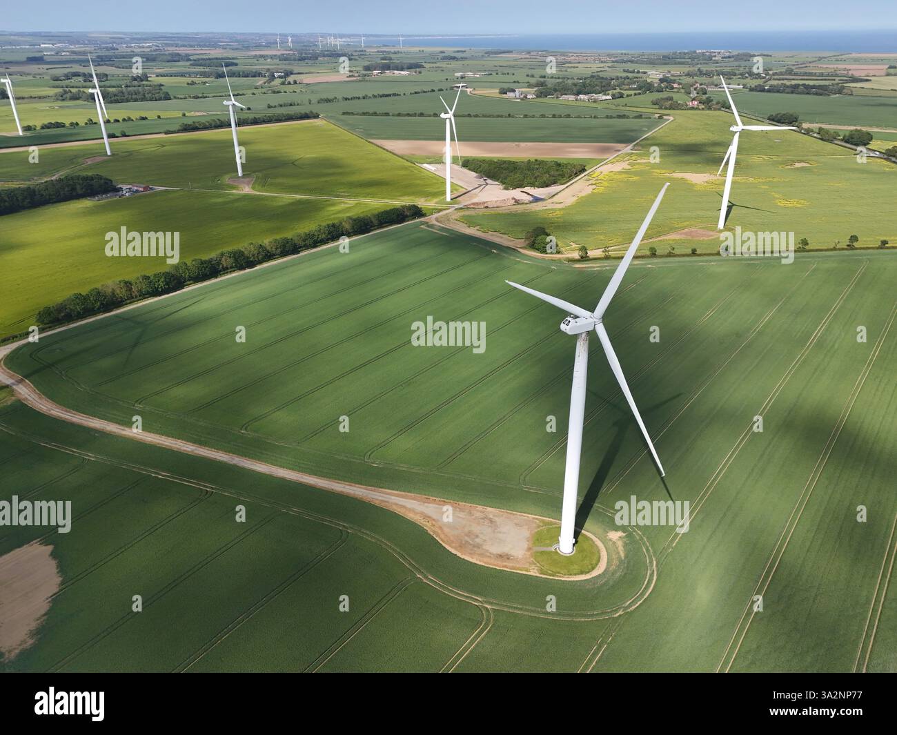 aerial view of Lissett Airfield wind farm. industrial wind turbines ...