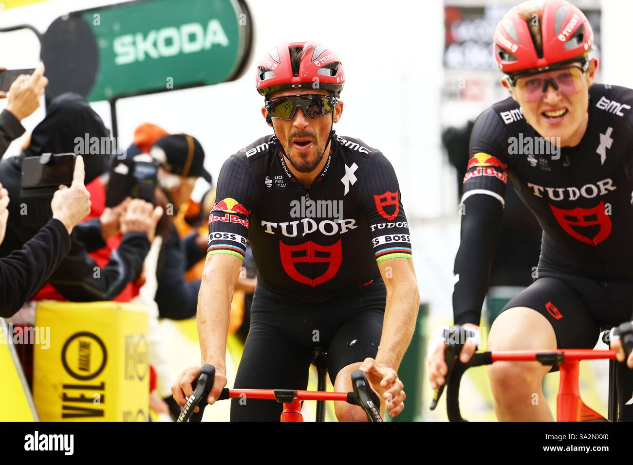 French Julian Alaphilippe of Tudor Pro Cycling Team crosses the finish ...