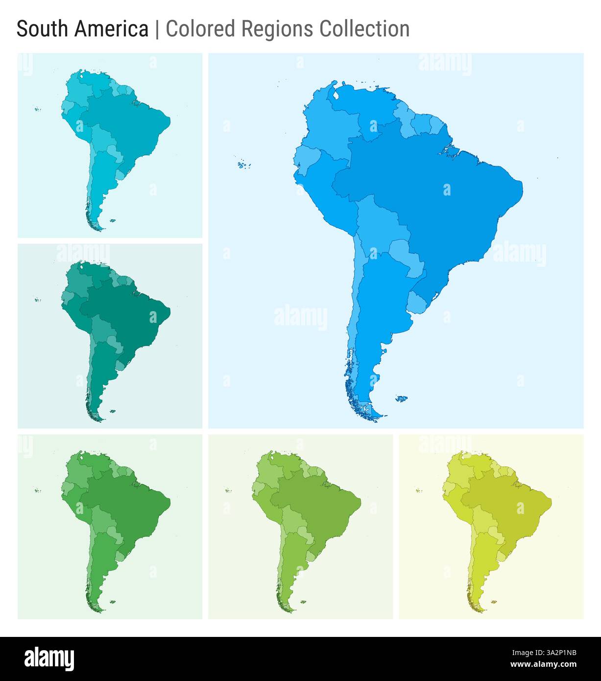 South America. Map collection. Continent shape. Colored countries ...