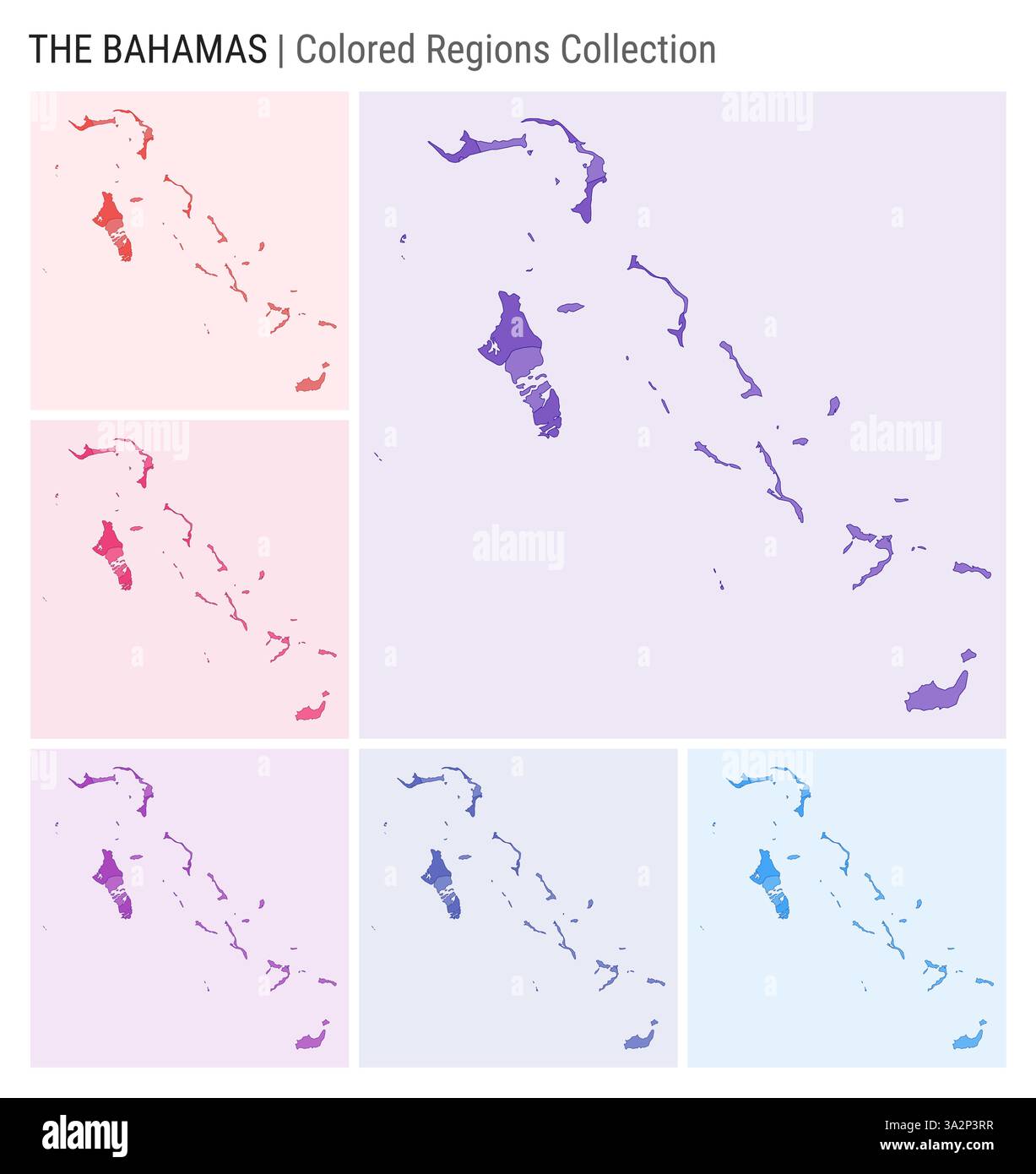 Bahamas map collection. Country shape with colored regions. Deep Purple, Red, Pink, Purple ...