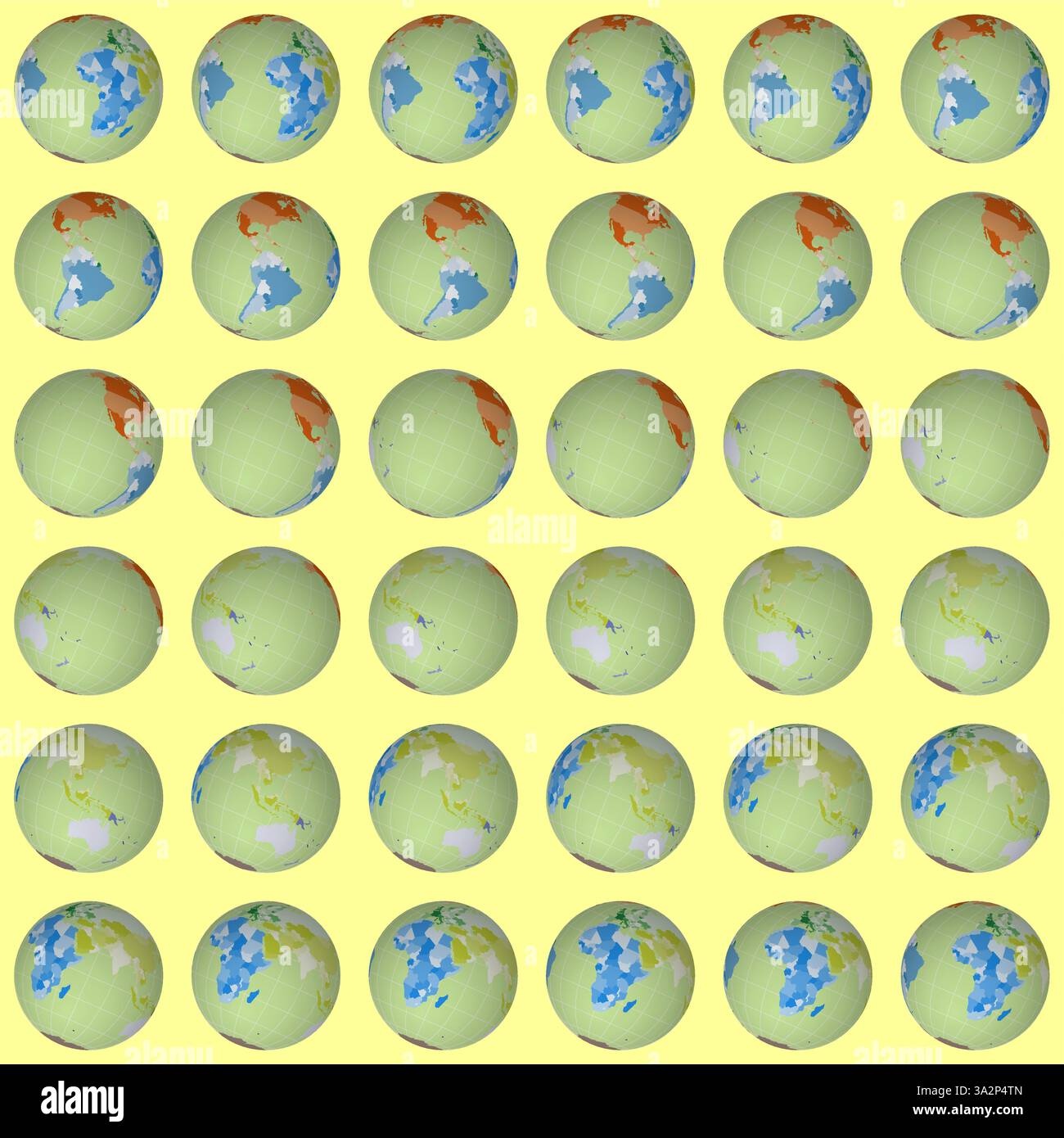 Collection of globes. Tilted sphere view. Rotation step 10 degrees ...