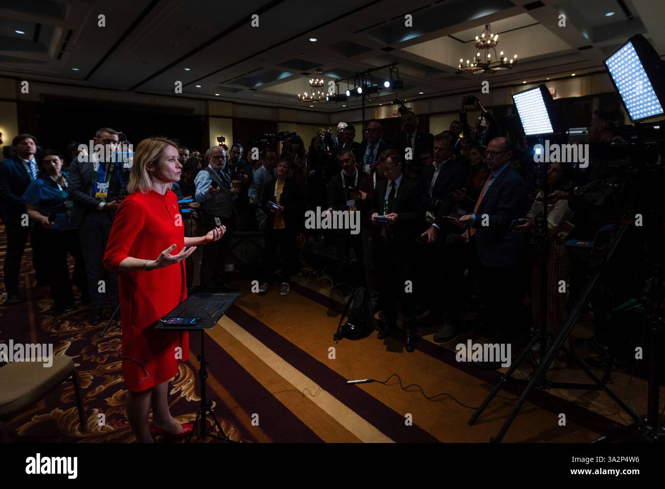 European Union foreign policy chief Kaja Kallas speaks to a news ...