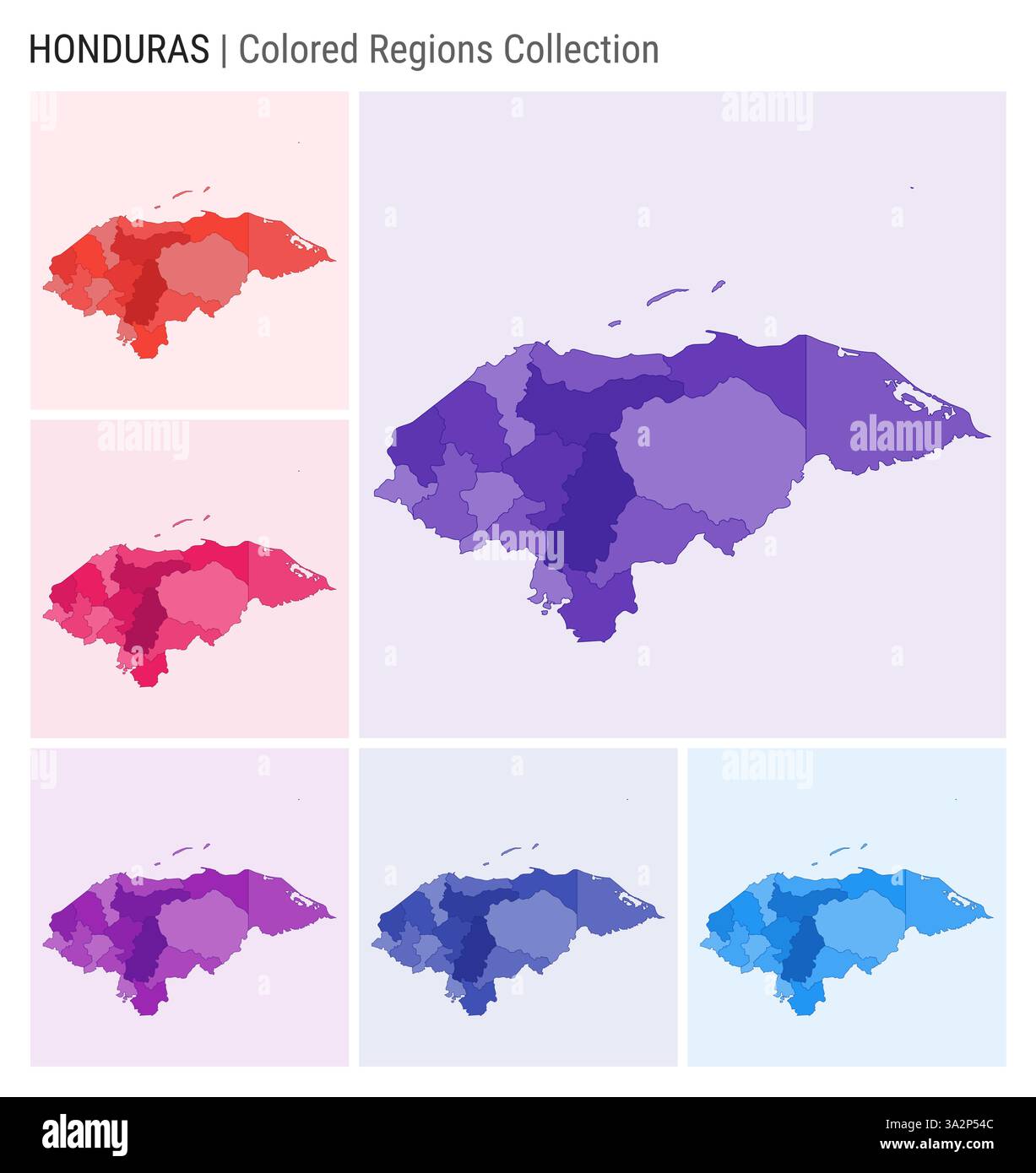 Honduras map collection. Country shape with colored regions. Deep Purple, Red, Pink, Purple ...