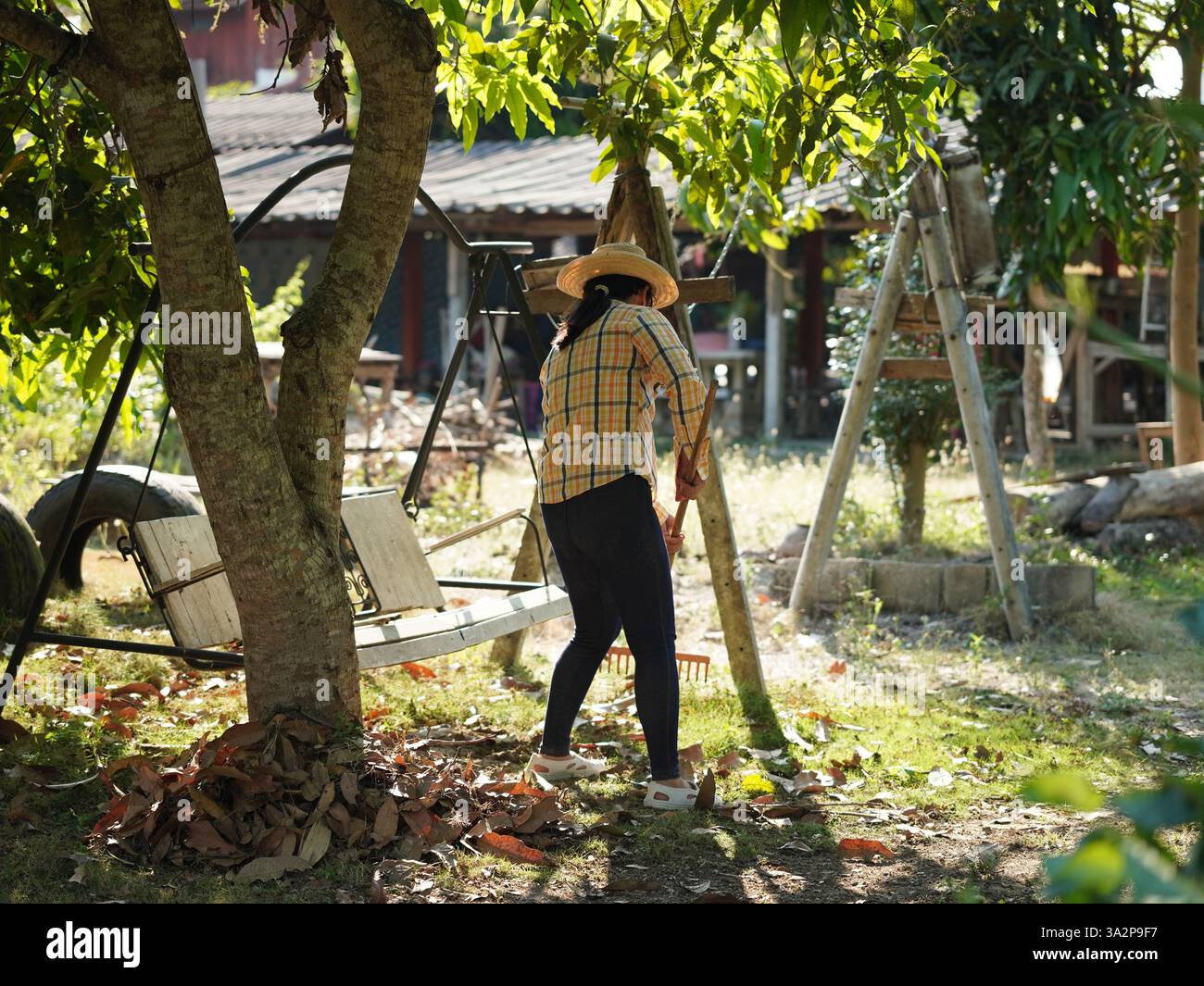 Asian adult woman working outdoors in summer garden Stock Photo - Alamy