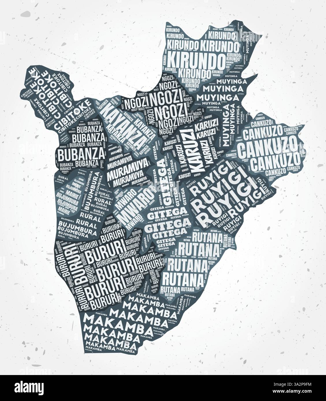 Burundi regions word clouds. Country shape on textured background ...