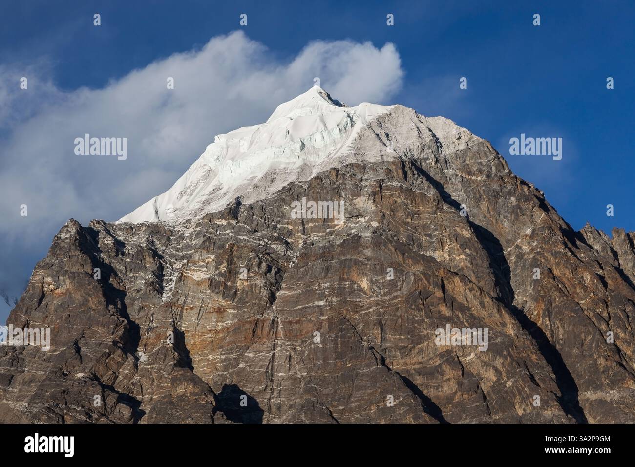 Snowy mountain peak view from the foot in Himalayas, Nepal. Himalayan ...