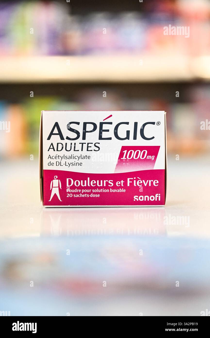 Paris, France. 13th Mar, 2025. illustration of a box of Aspegic in a ...
