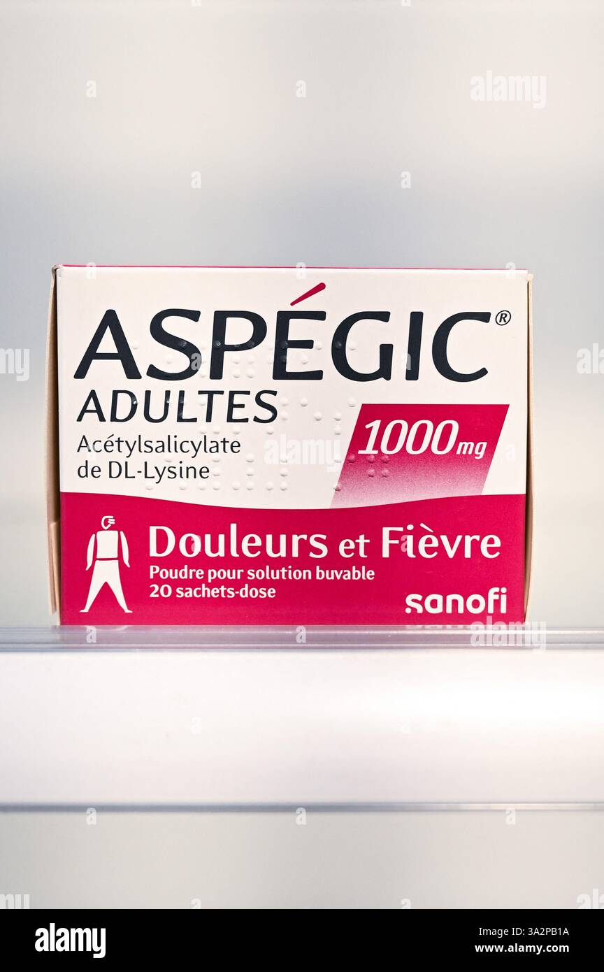 illustration of a box of Aspegic in a Paris pharmacy on March 13, 2025 ...