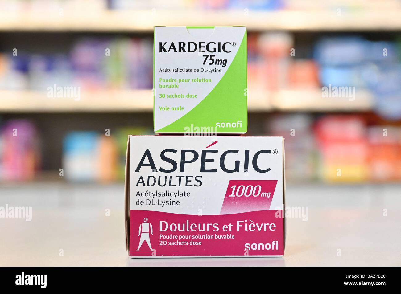 illustration of a box of Kardegic and Aspegic in a Paris pharmacy on ...