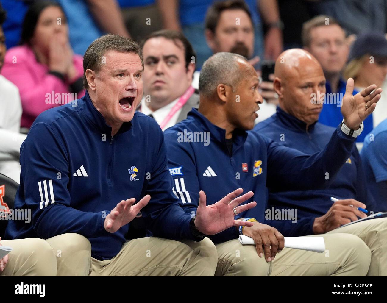 MAR 12 2025: Kansas coach Bill Self gives instructions from the bench against UCF in the Big 12 ...