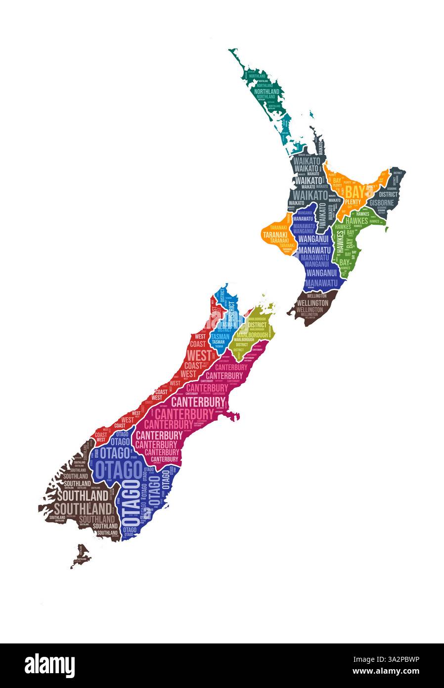 New Zealand shape. Country word cloud with region division. New Zealand ...