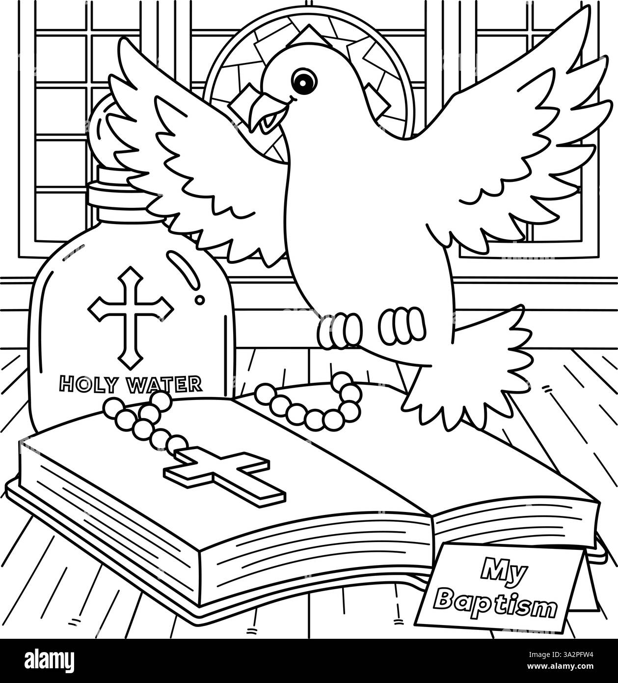 Baptism Bird Holy Water and Bible Coloring Page Stock Vector Image ...