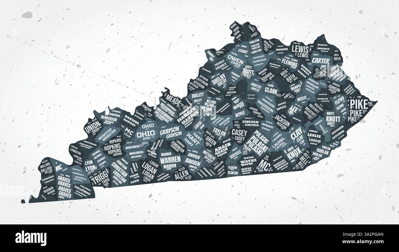 Kentucky counties word clouds. State shape on textured background ...