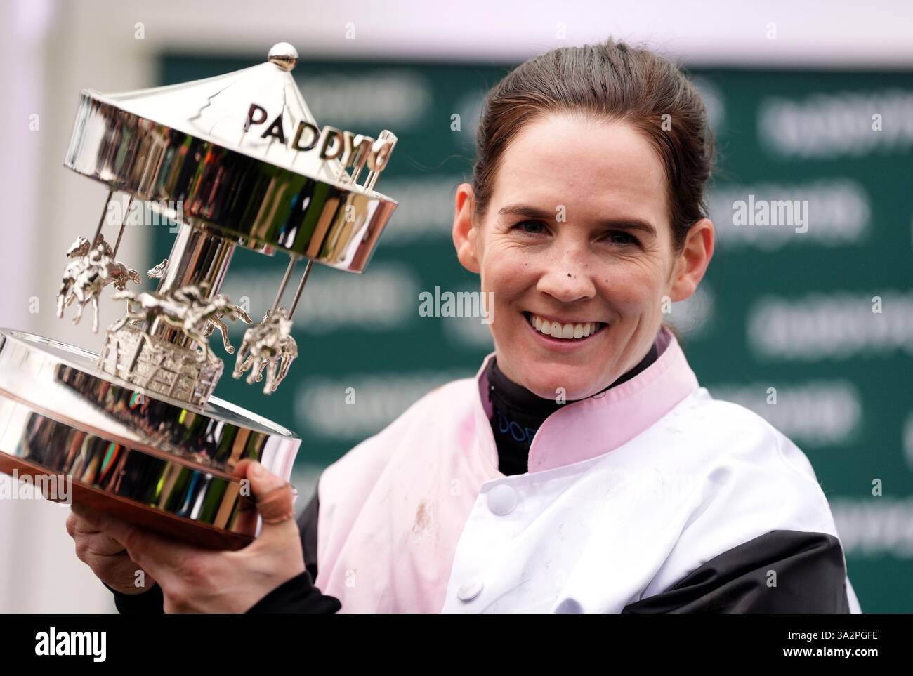 Jockey Rachael Blackmore with the trophy after winning the Paddy Power ...