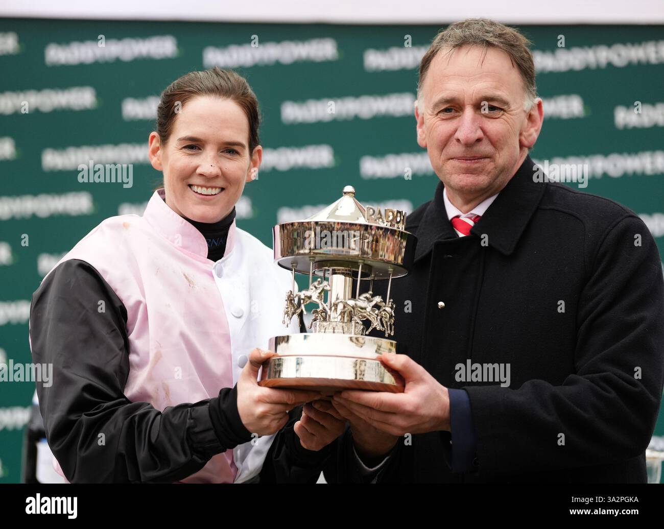 Jockey Rachael Blackmore and trainer Henry De Bromhead with the trophy ...