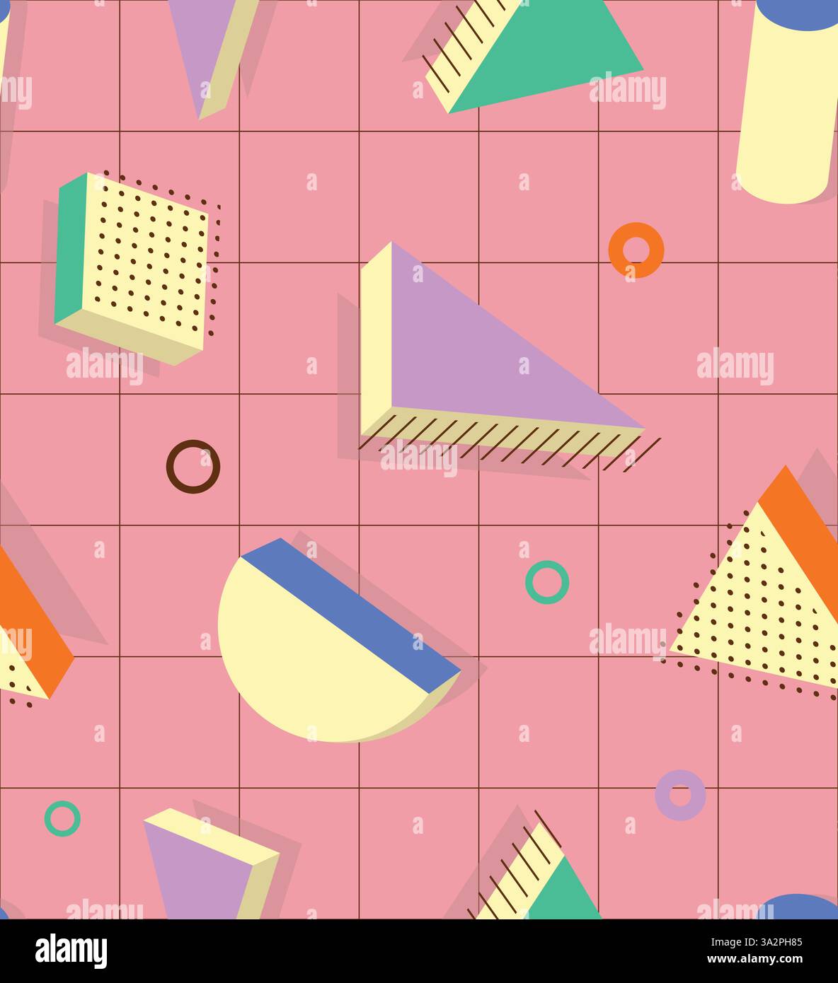 Pink Retro Hipster Memphis Seamless Pattern with 3D Geometric Shapes ...