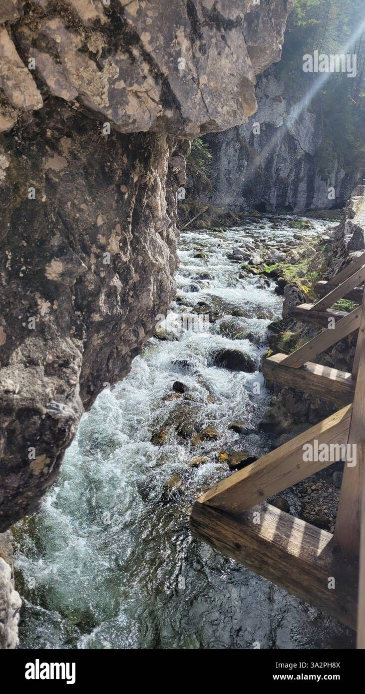 The photograph shows a mountain stream flowing between rocky banks ...