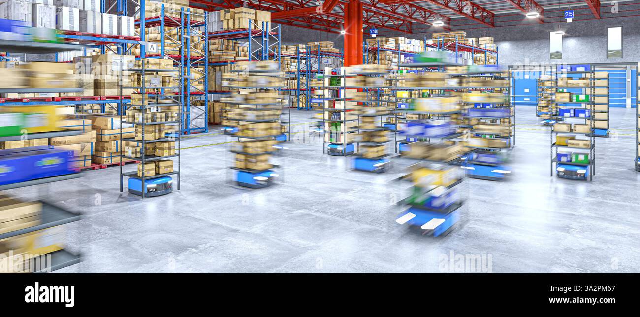 3d Smart automated guided vehicles in modern warehouse Stock Photo - Alamy