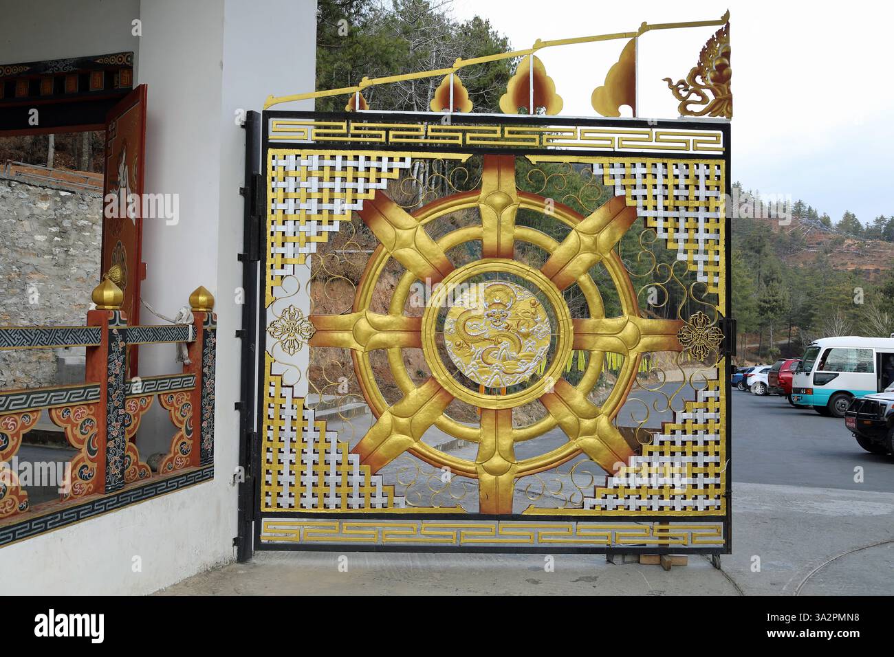 Ornate gate at the entrance to the Buddha Dordenma tourist site in the ...