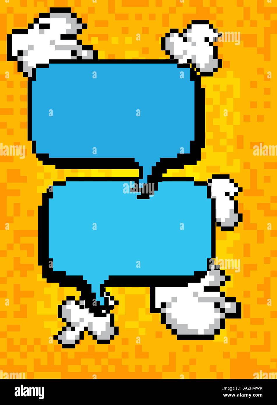 Pixelated speech bubble with geometric graphic background. Retro ...