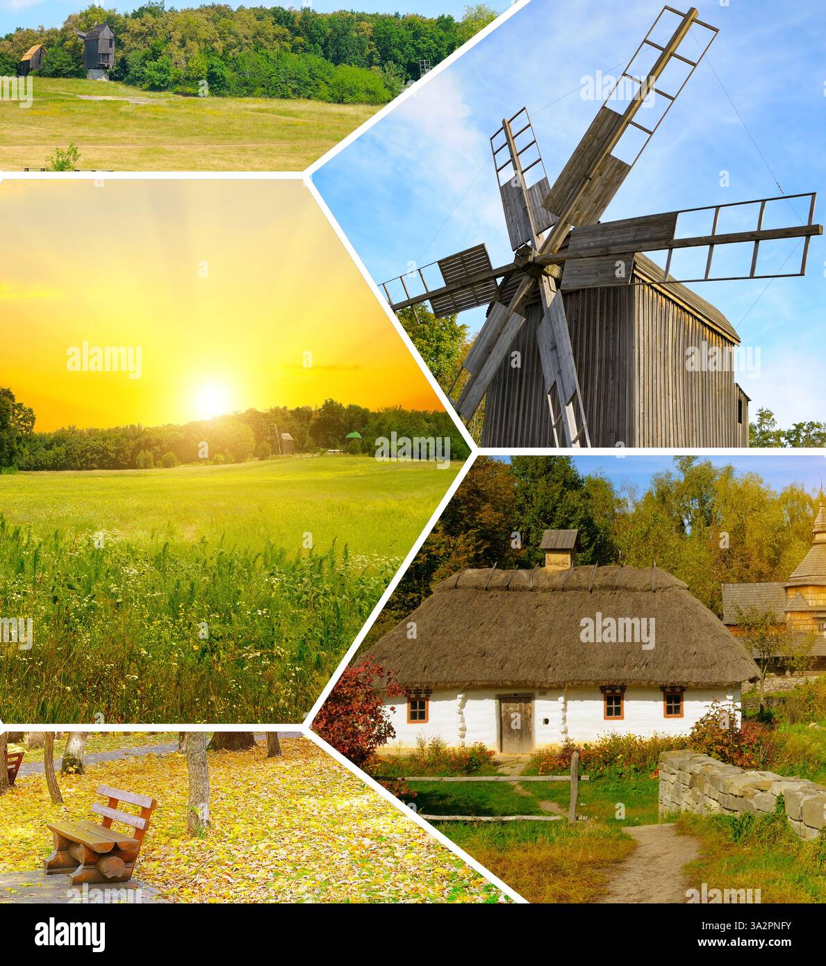 Old wooden windmills and an old clay house. Pyrohiv (Pirogovo) village ...