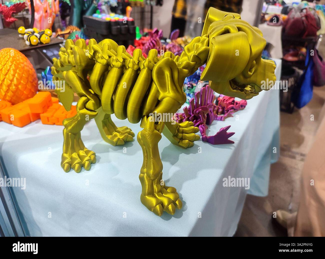 Dog skeleton printed on a 3D printer from molten plastic close-up ...
