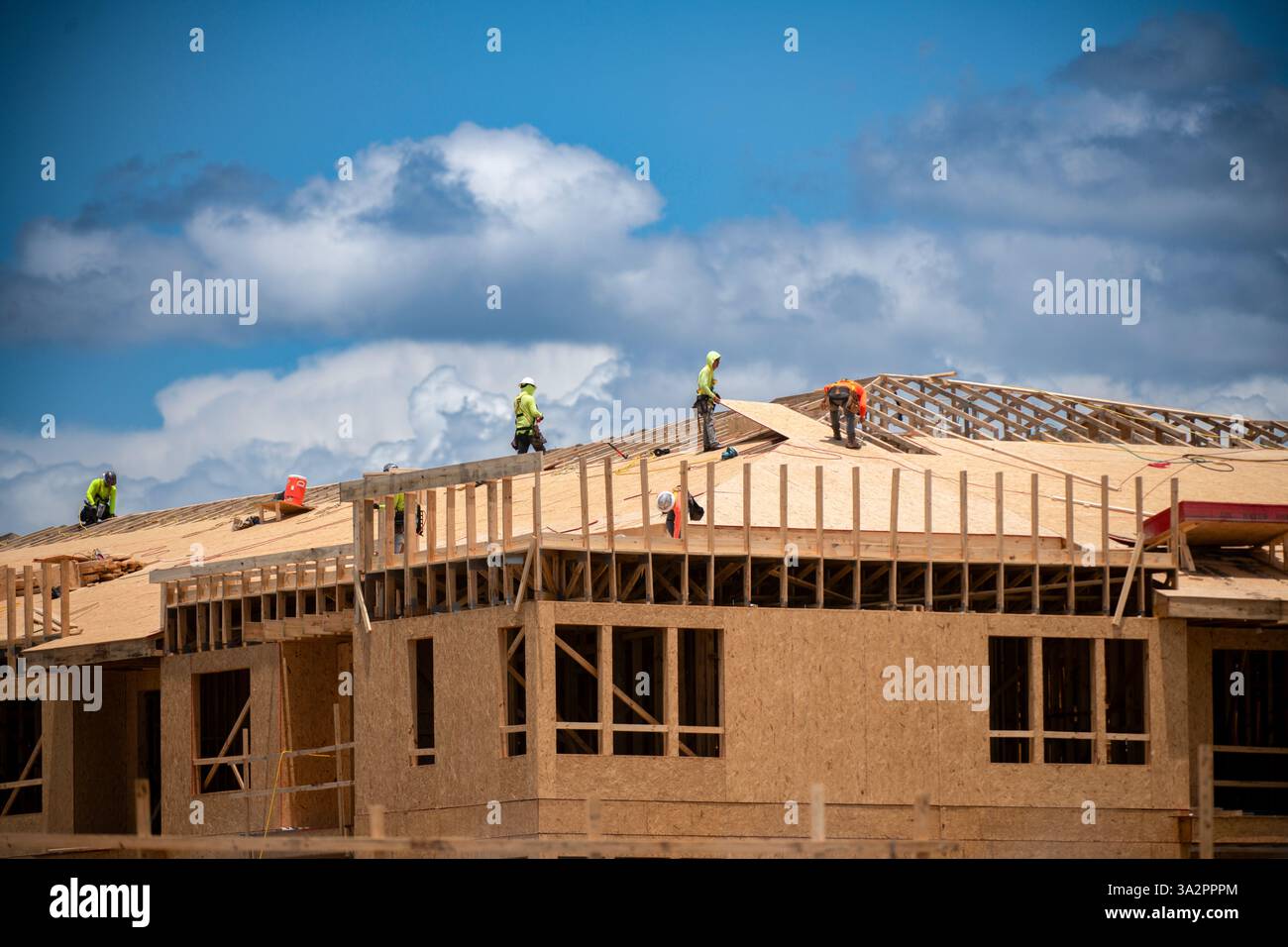 Roof construction site. Building advertising. Build background. Roofer ...