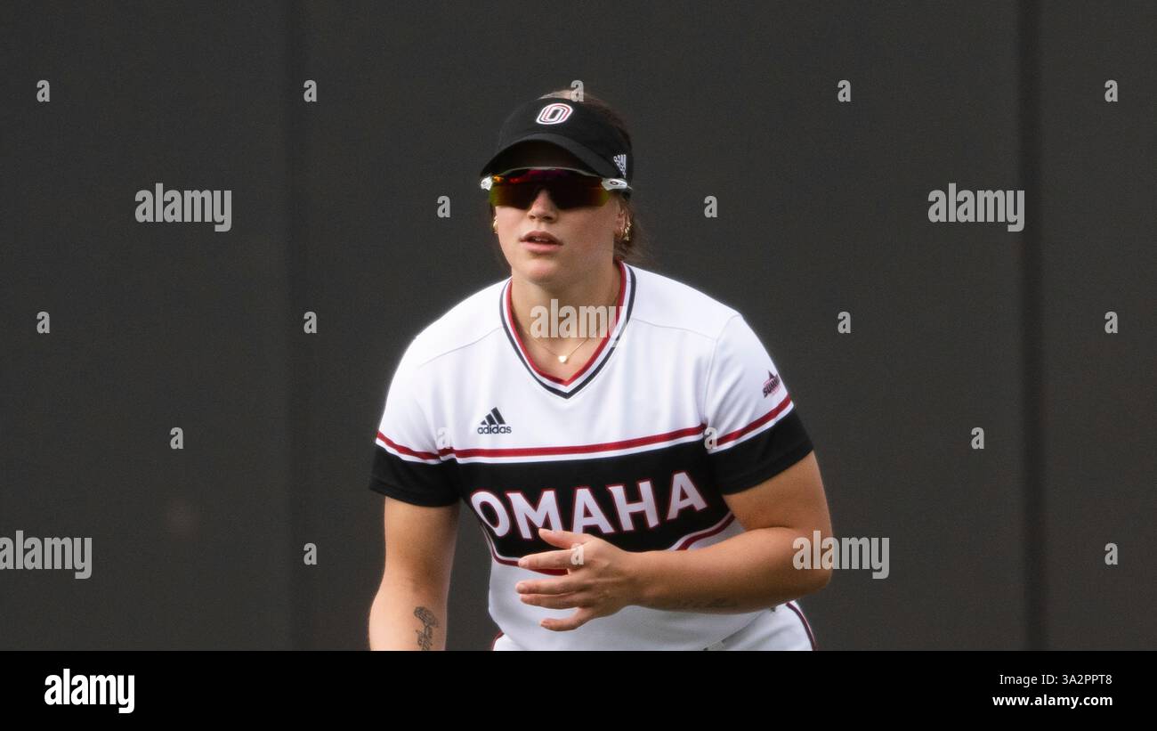 Omaha left fielder Ava Rongisch takes her stance during an NCAA ...