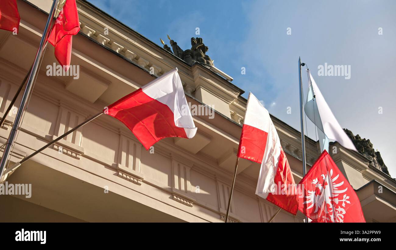 Polish National Flags Fluttering On A Building In The Heart Of Poznan ...
