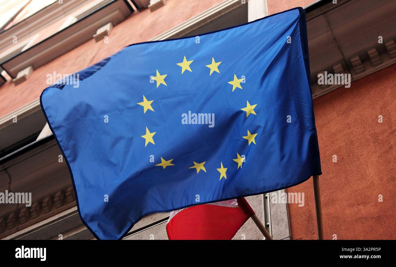 The Eu'S Main Symbol, The European Union Flag, Waving In The City Stock ...