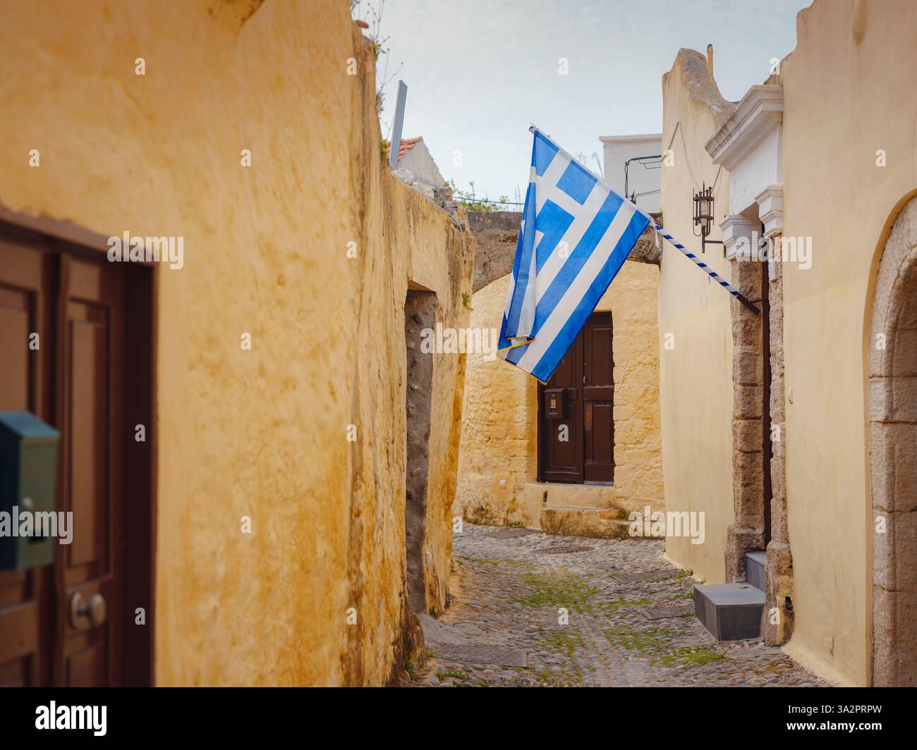View of Greek flag waving in air serene Mediterranean vibe. beautiful ...