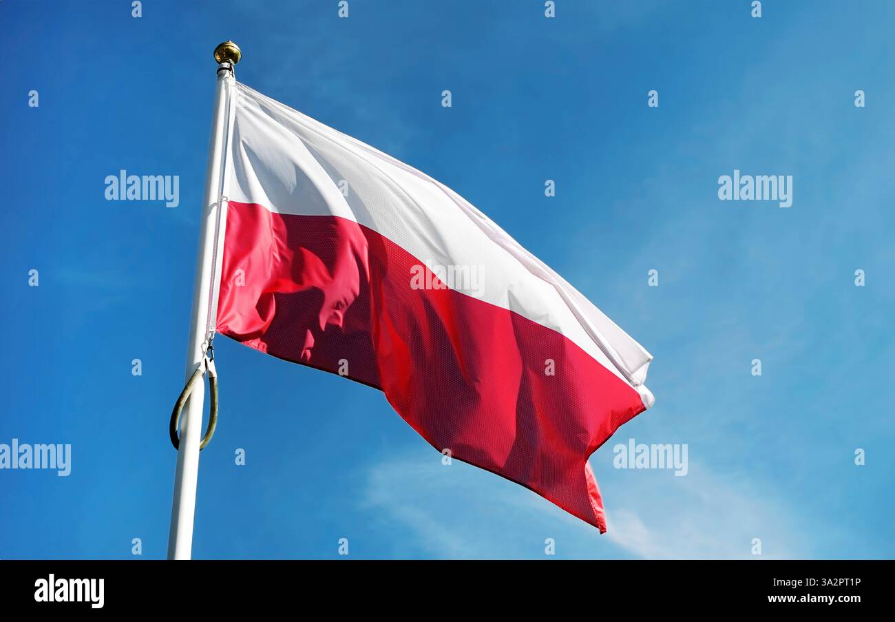 Polish National Flag Waving On A Pole Against The Sky Background Stock ...