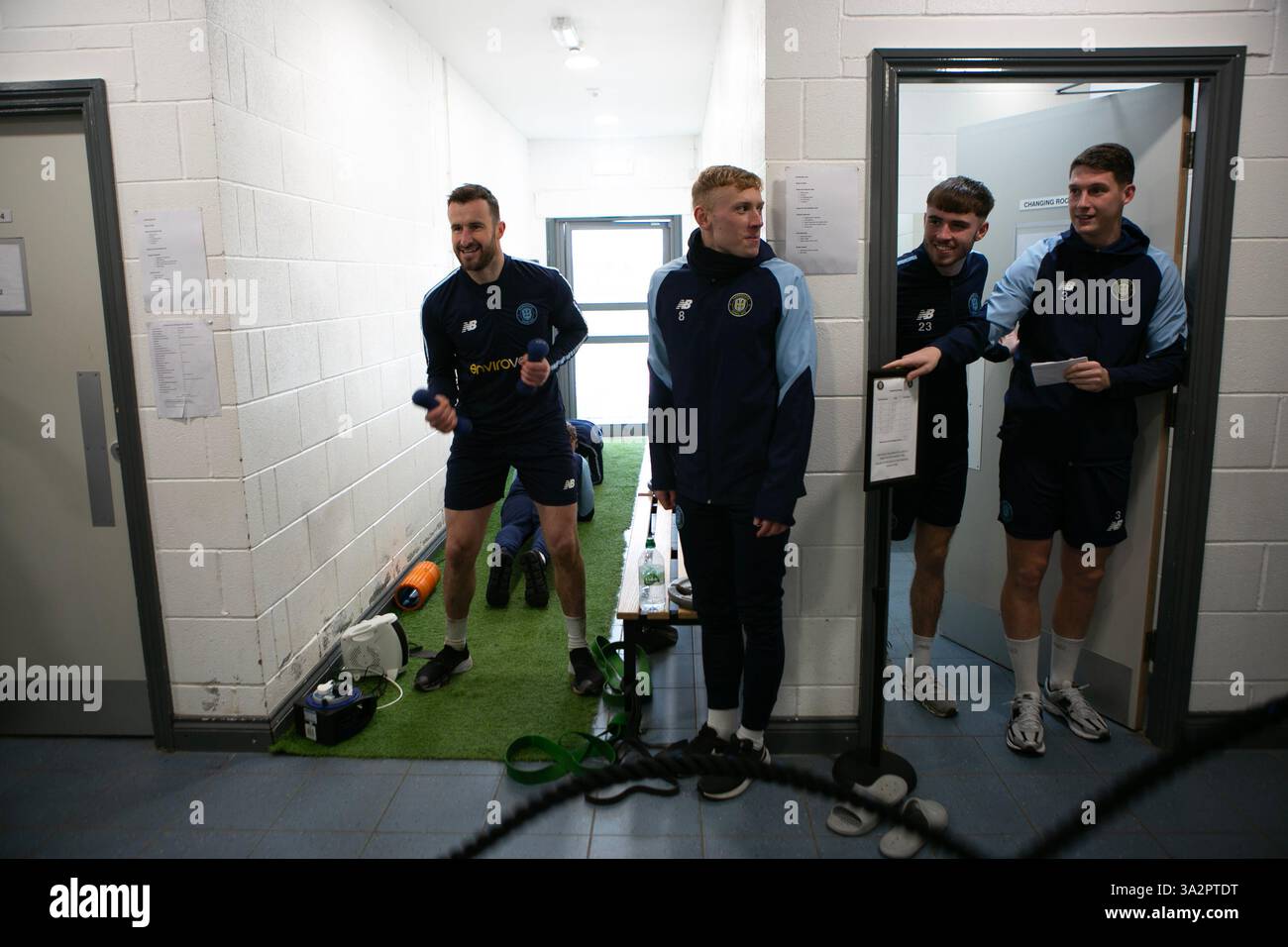 Harrogate Town FC Goalkeeper James Belshaw ,left, in the corridor doing ...