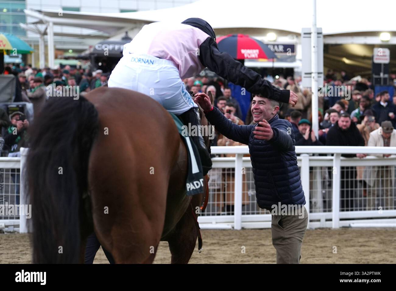 Rachael Blackmore aboard Bob Olinger (left) after winning the Paddy Power Stayers' Hurdle on day ...