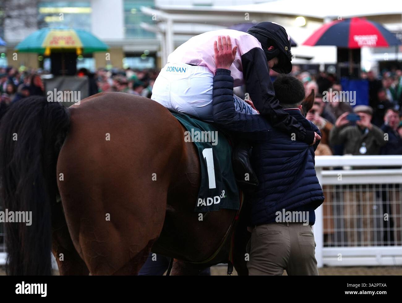 Rachael Blackmore aboard Bob Olinger (left) after winning the Paddy Power Stayers' Hurdle on day ...