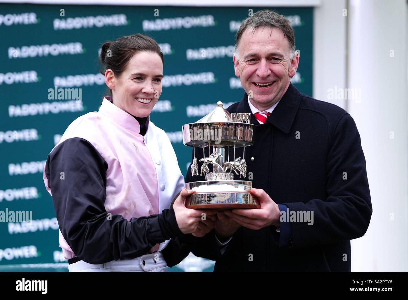 Rachael Blackmore (left) and trainer Henry de Bromhead celebrate with ...