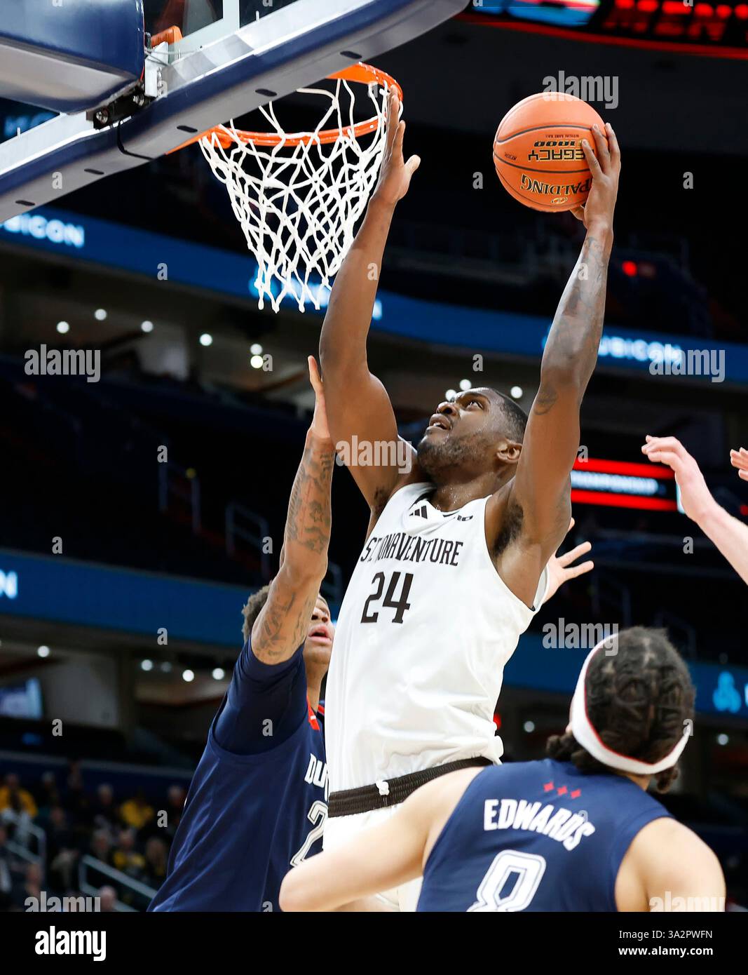 March 13, 2025: Saint Bonaventure Bonnies Center #24 Noel Brown goes to ...
