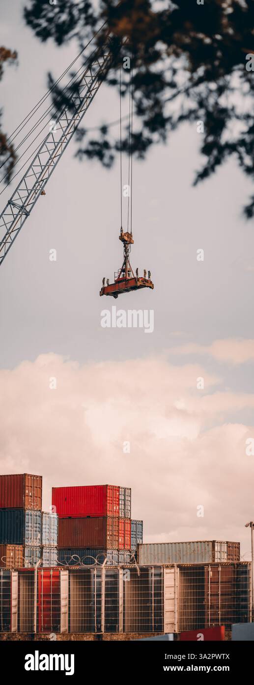 A vertorama with a large industrial crane lifting a heavy-duty spreader ...