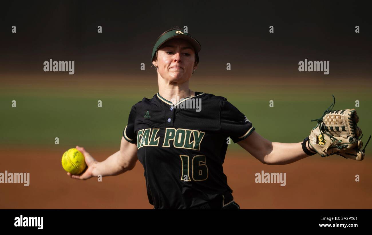Cal Poly starting pitcher Paige Maier (16) delivers a pitch during an ...