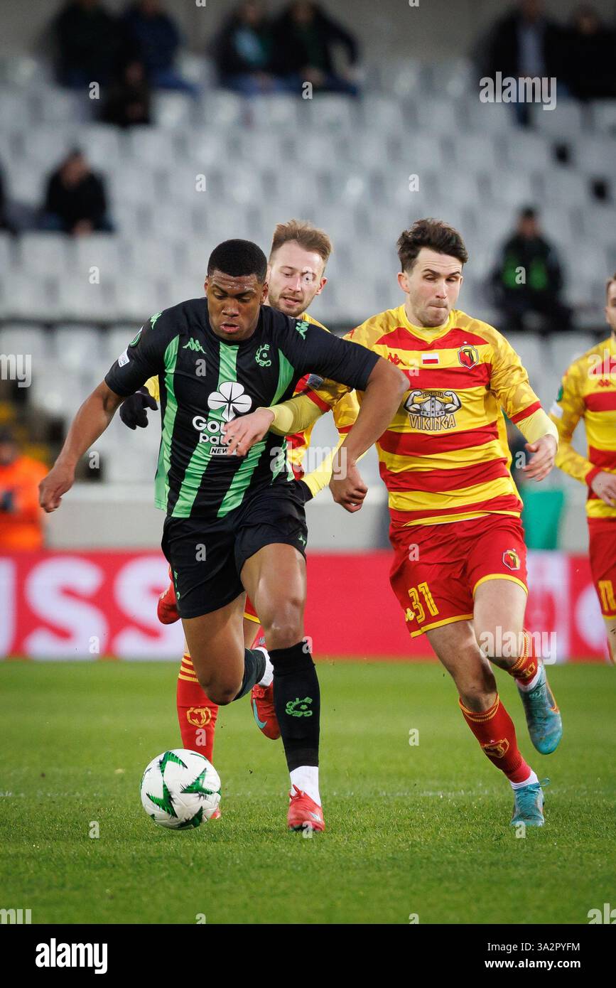 Brugge, Belgium. 13th Mar, 2025. Cercle's Felipe Augusto Da Silva and ...