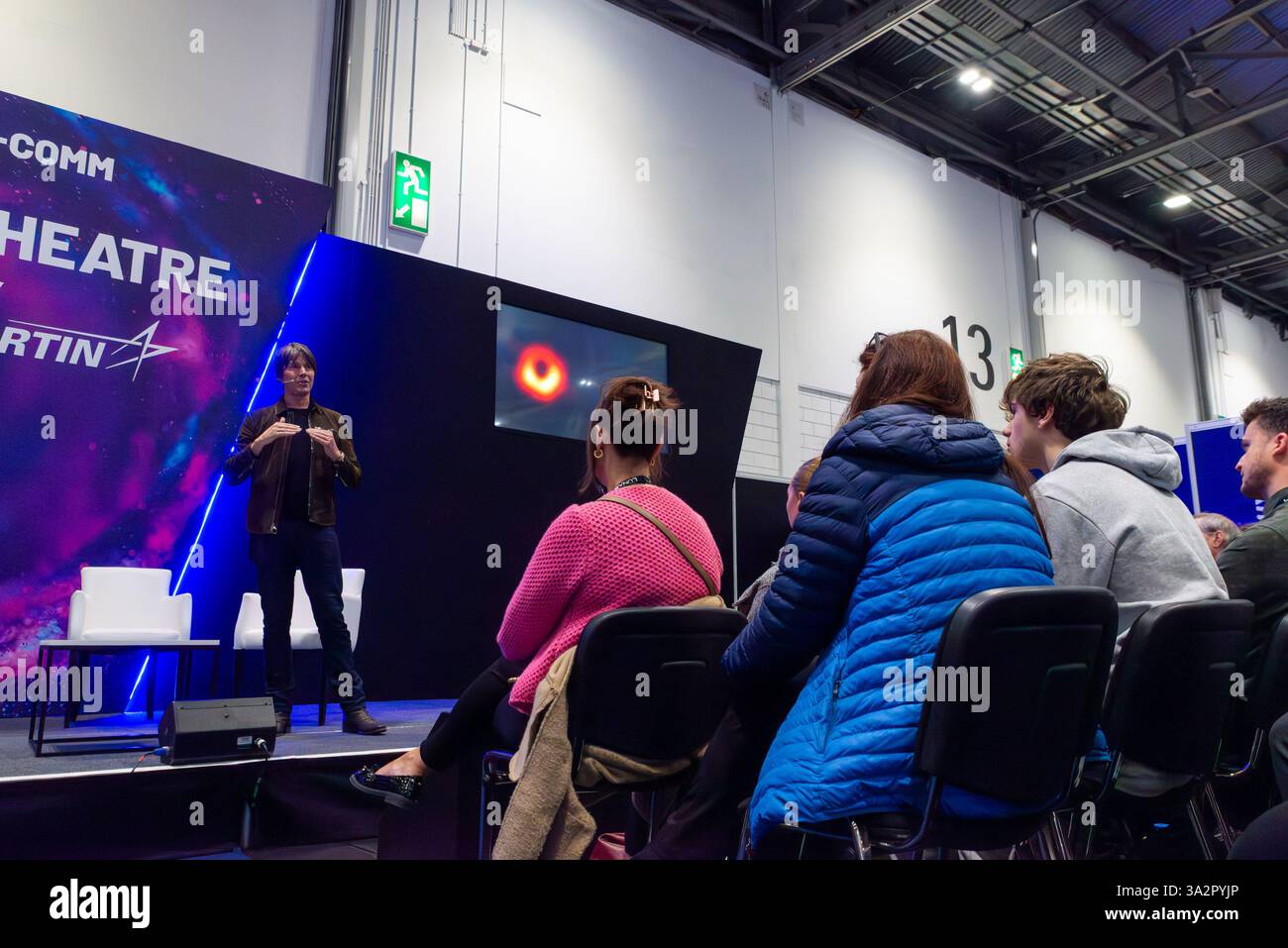 Physicist Brian Cox speaking at Space-Comm Expo in ExCeL London, UK ...
